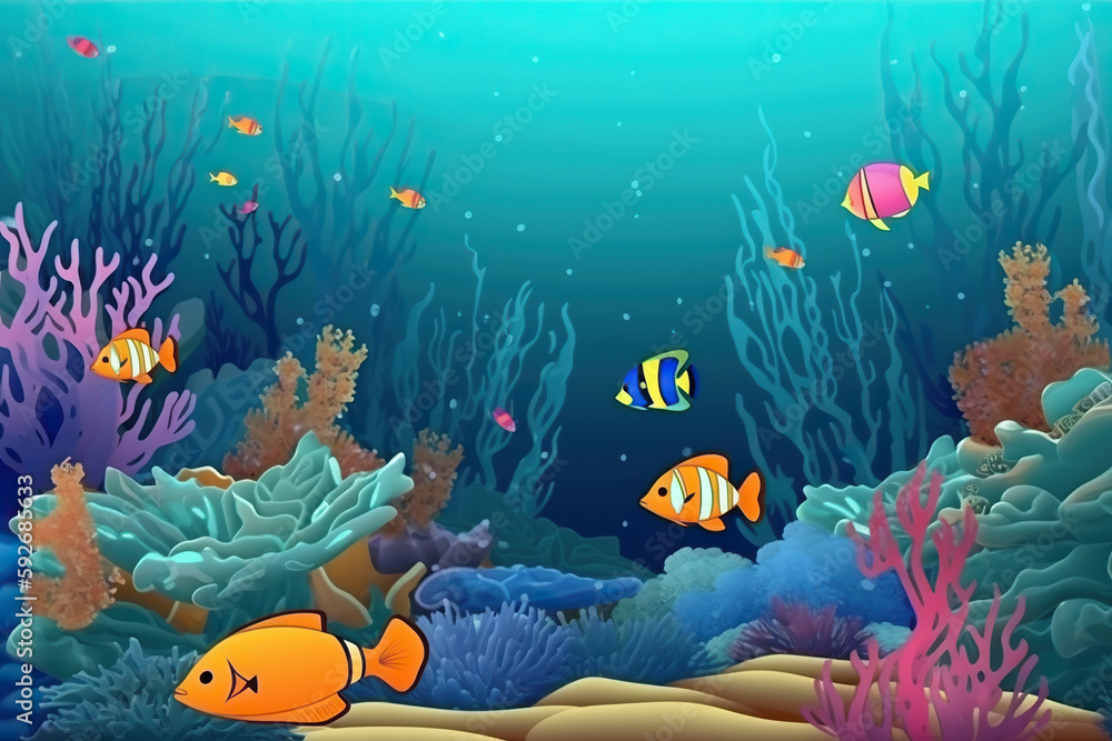 Cartoon illustration of fish on a coral reef Generative AI Stock ...