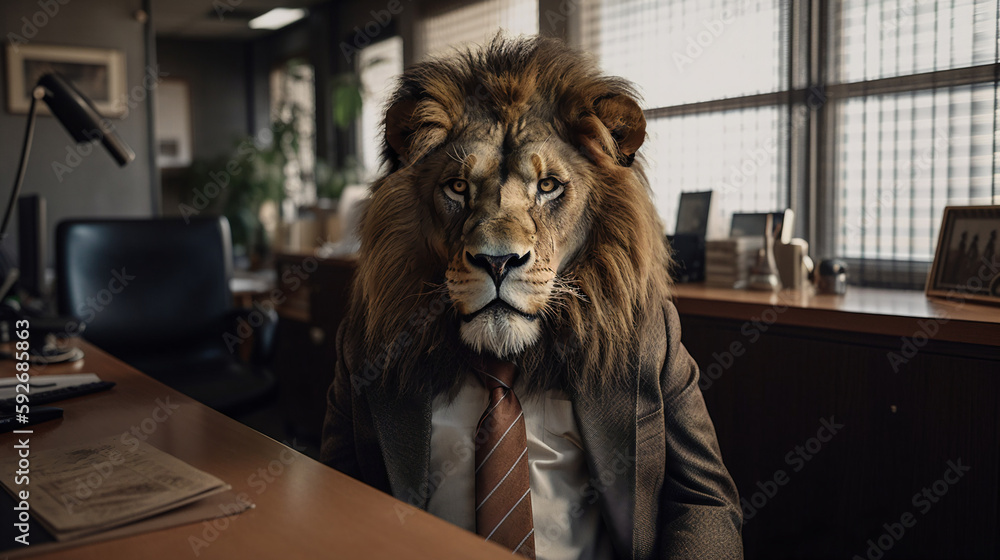 A stunning, ultra-realistic illustration of a lion wearing a suit and ...