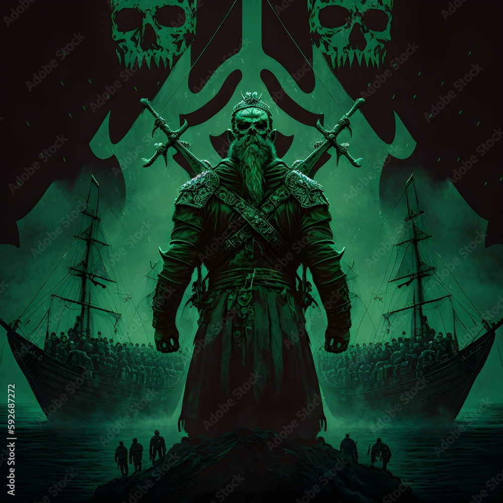 A viking that has cybernetic enhancments standing proudly at the front ...