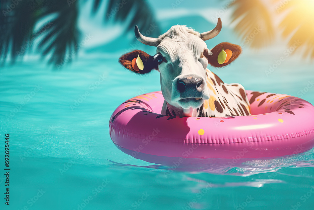 Summer holidays concept. A cute funny spotted cow relaxing in a sea on ...