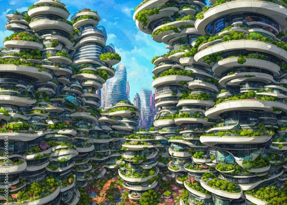 Virtuelle Ansichten der Stadt der Zukunft. Mit begrünten Fassaden und ...