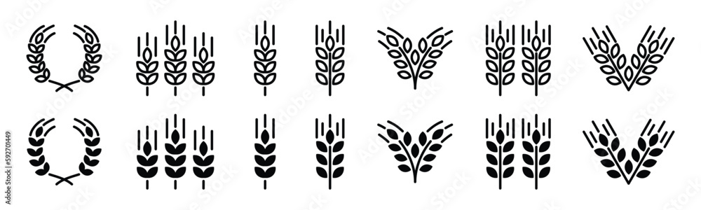 Wheat ear icon vector set. Grain icons collection in line and flat ...