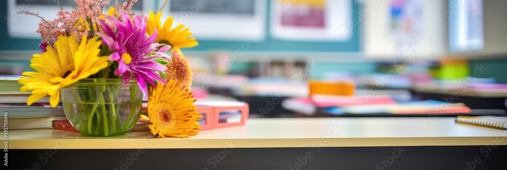 Teachers day. Flowers on teacher desk close up, blur school classroom ...