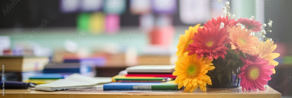 ภาพประกอบสต็อก Teachers day. Flowers on teacher desk close up, blur ...