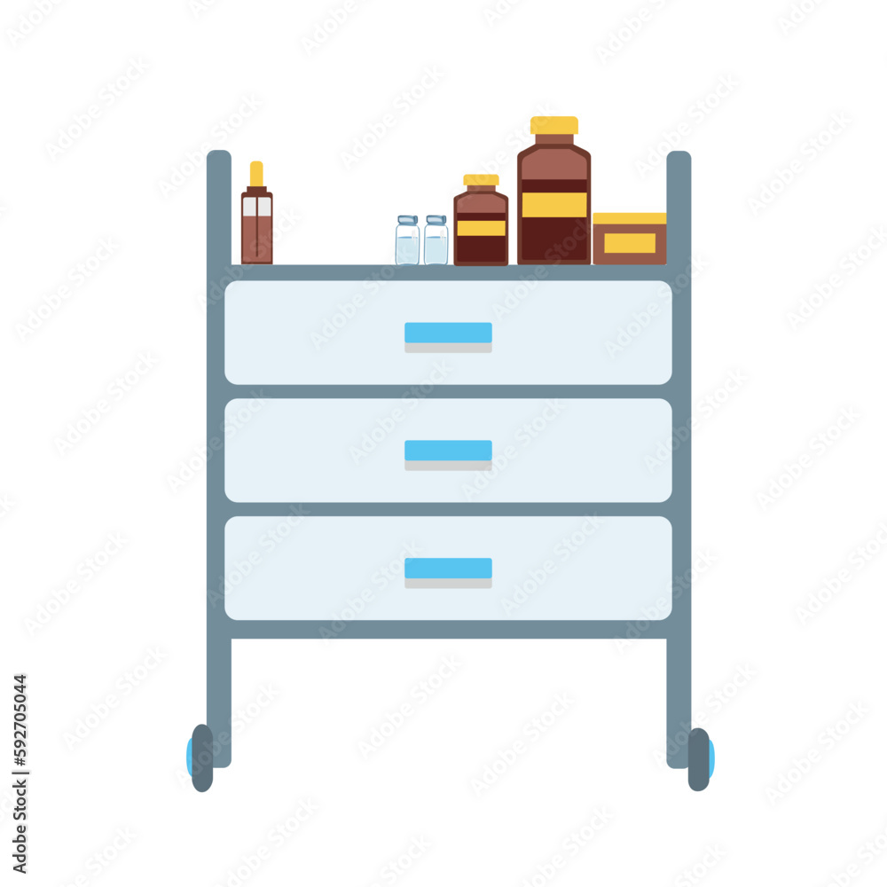 Medical trolley with ampoule, vials and medical supplies. Medical ...