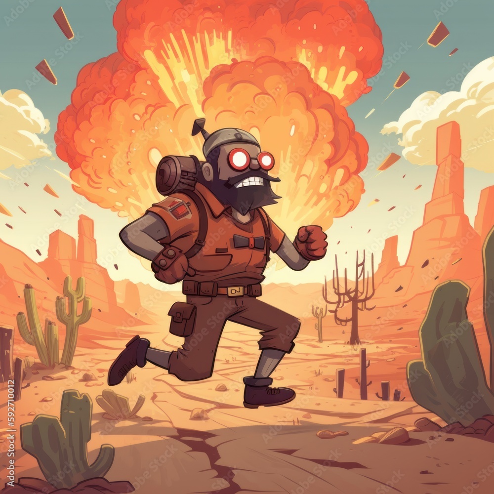 Cartoony Cell Shaded Baghead Character Jumping Away From Explosion In ...