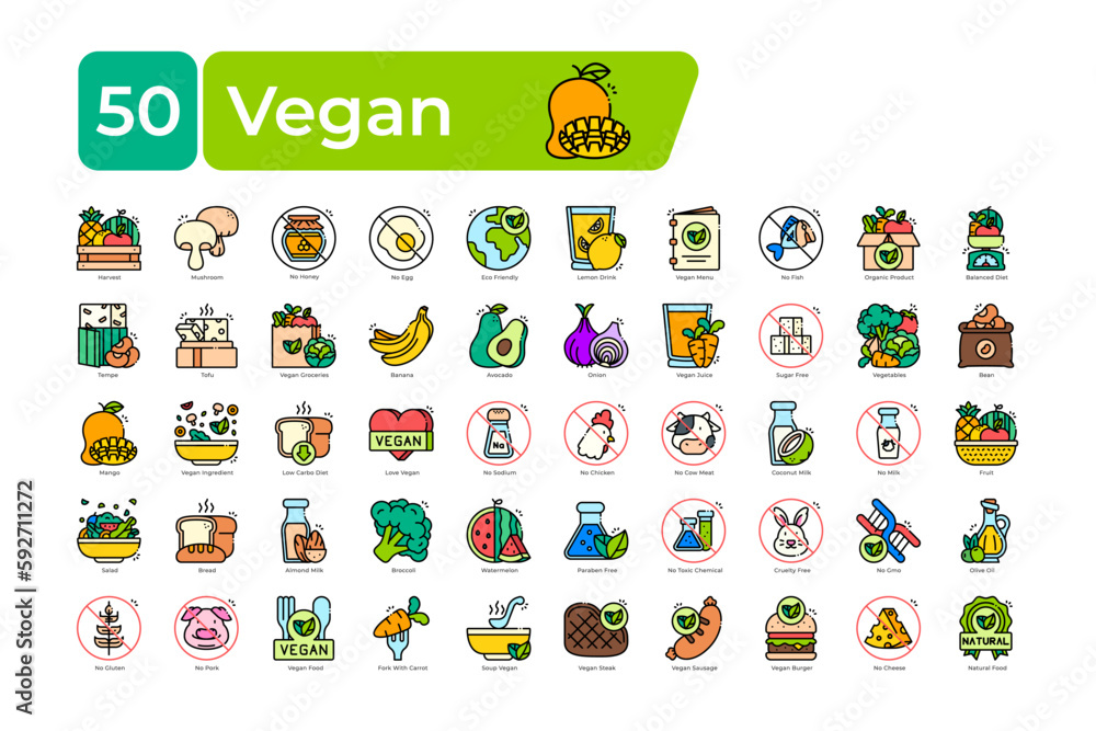 Vegan Icons Pack. outline fill color style. clean and simple vector ...