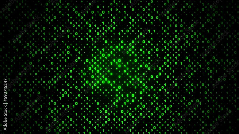 Digital matrix of green ones and zeros falling down and flashing ...