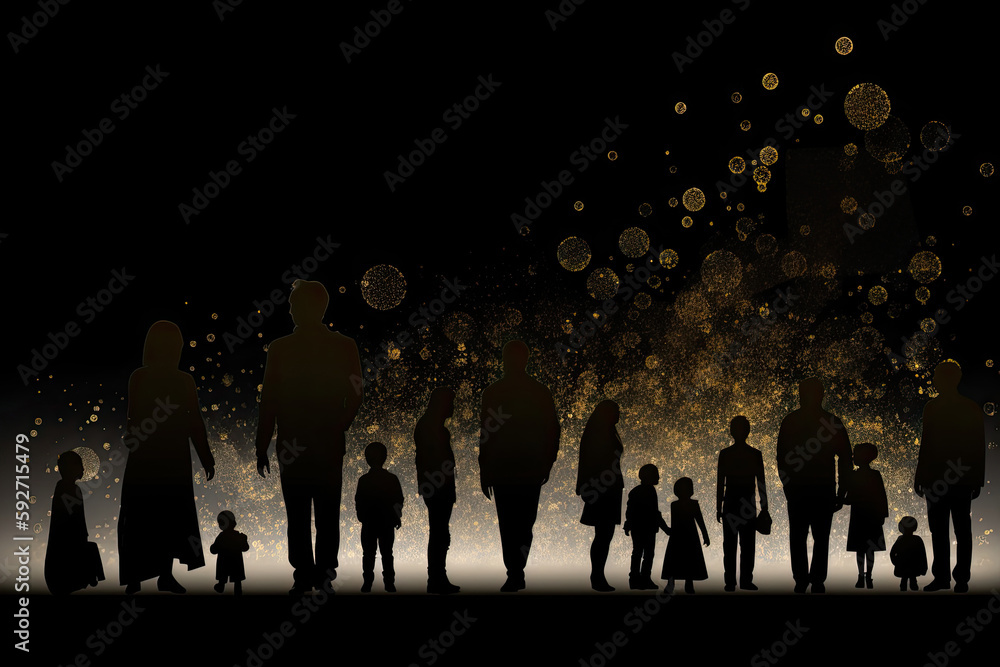 Different generations of family stand together against dark abstract ...