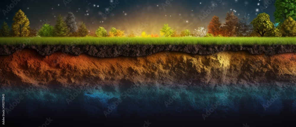 Section of soil with underground water, layers of earth and rocks ...