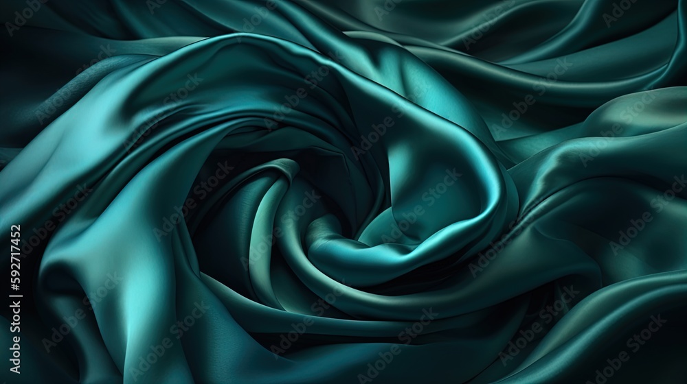 Blue green silk satin. Soft wavy folds. Shiny silky fabric. Dark teal color elegant background ...