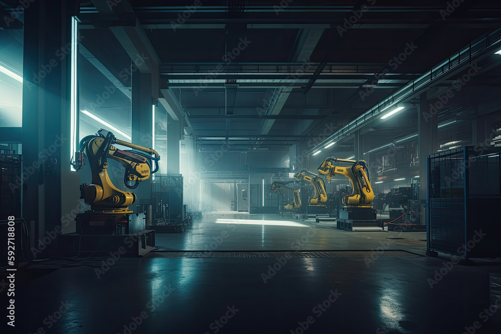 Generative AI image of yellow robot arms in futuristic industrial ...