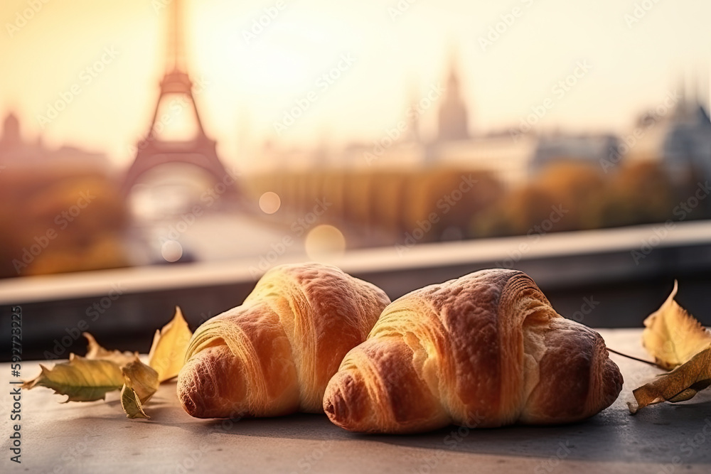two croissants on a table created with Generative AI technology Stock ...