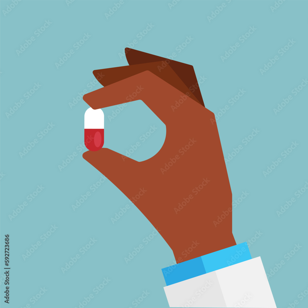 Vector human hand holding pill between fingers. Illustration in a flat ...