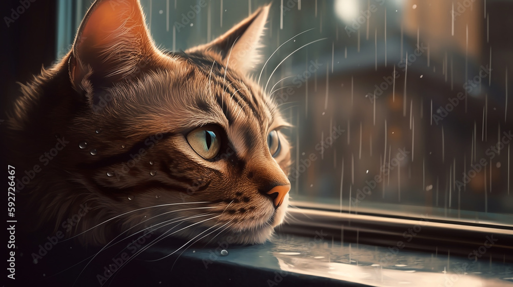 Portrait of cartoon cat looking in the window, illustration. Cute kitty ...