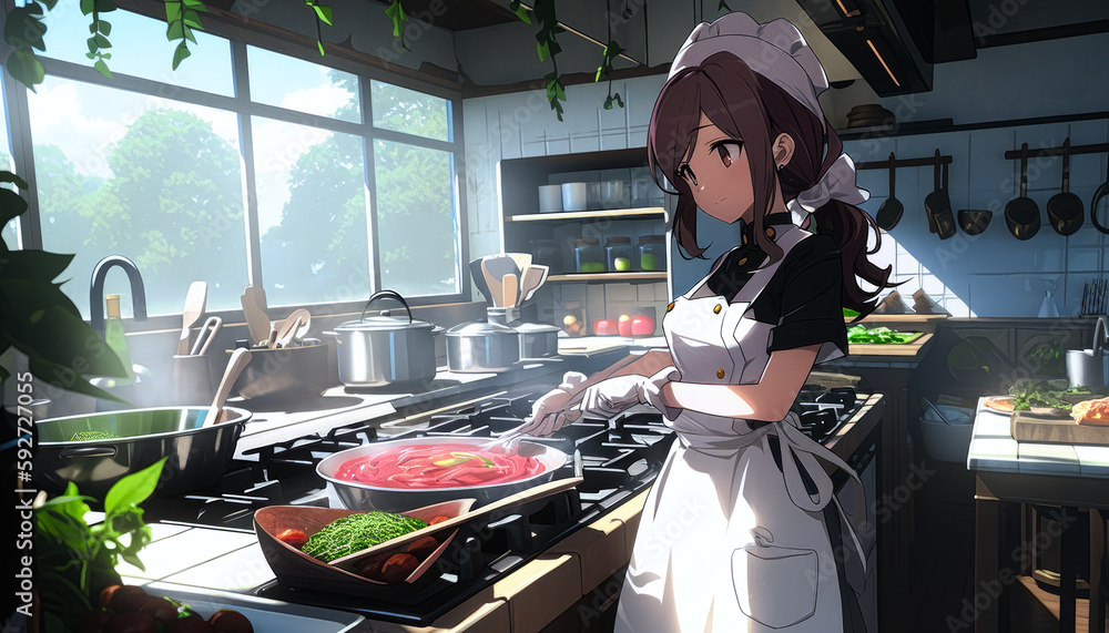 Title: anime cartoon girl chef cooking Stock Illustration | Adobe Stock