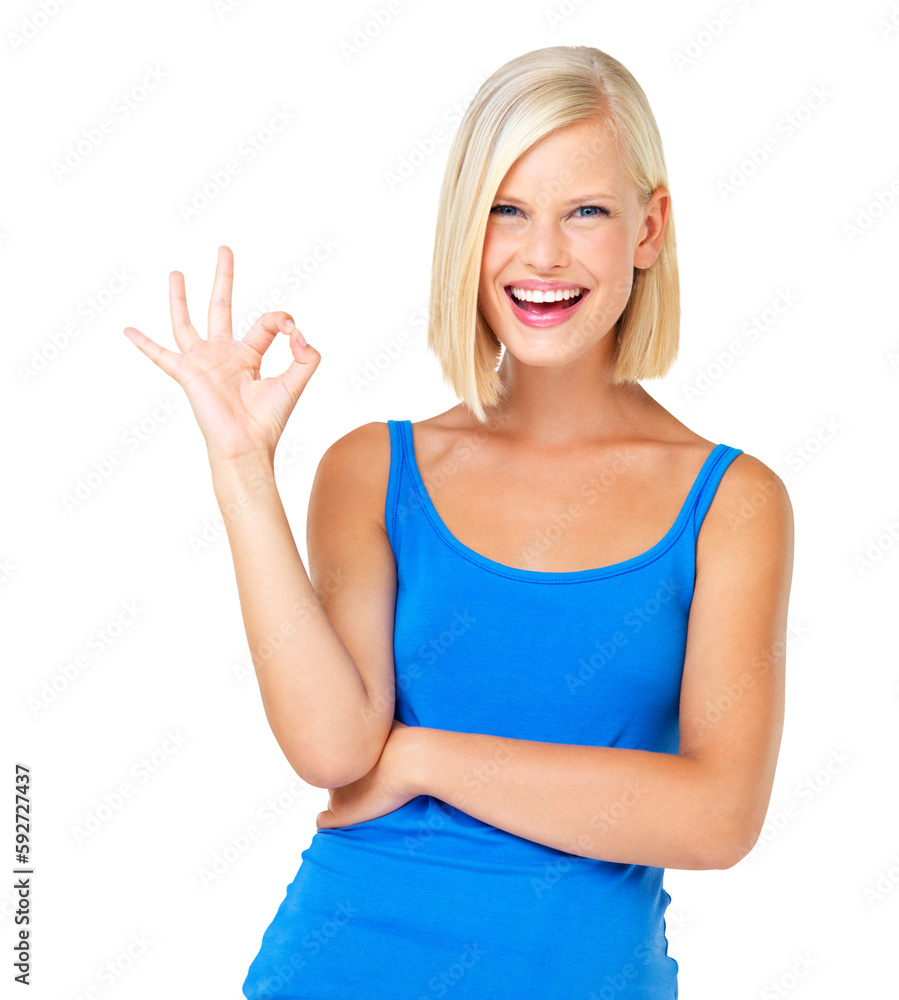 OK hand, happy woman and portrait isolated on a transparent, png ...