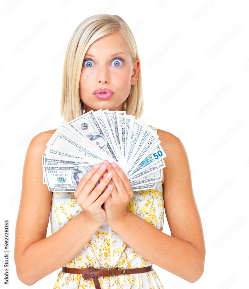Woman, winner and surprise money or cash in hands for prize isolated on ...