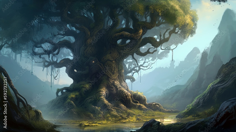 Fantasy concept digital art. A colossal tree inhabited by various ...