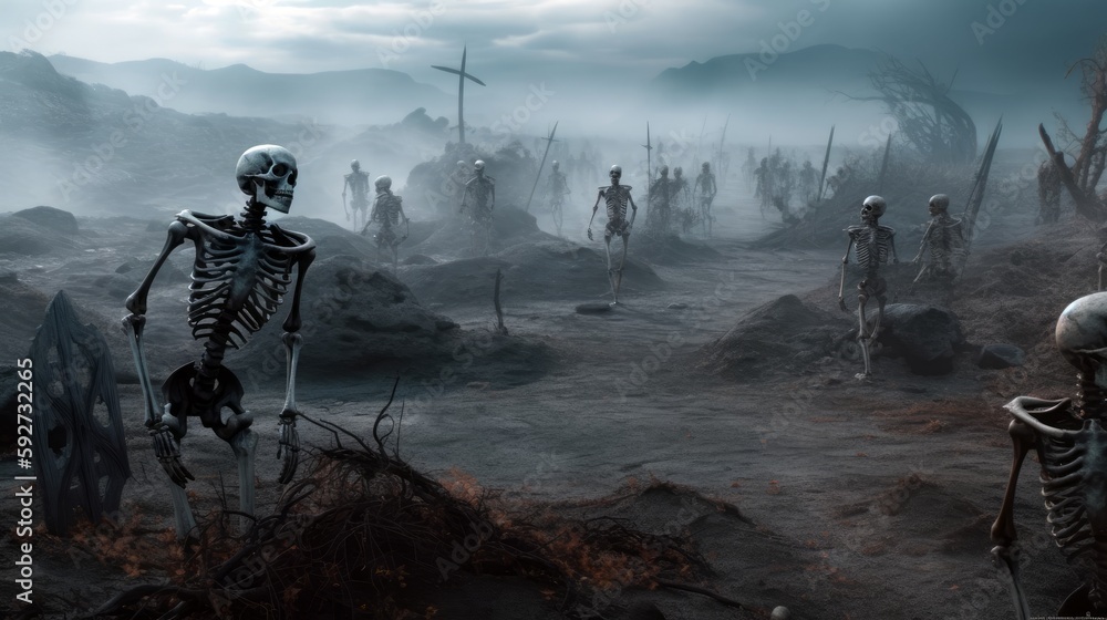 Fantasy concept digital art. A desolate wasteland where skeletal ...