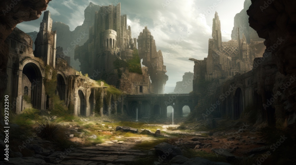 Fantasy concept digital art. A ghostly, abandoned city, with ancient ...