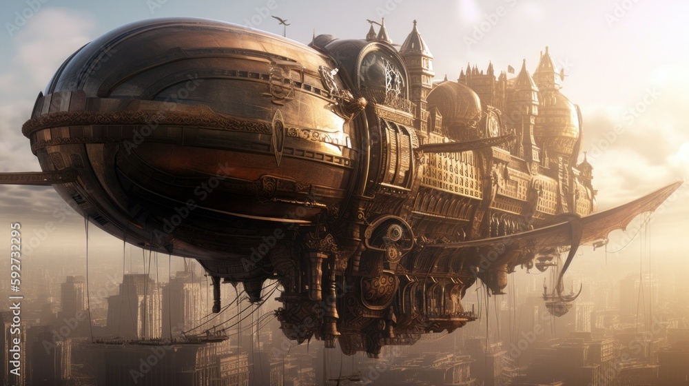 Fantasy concept digital art. A floating, steampunk - style airship city ...