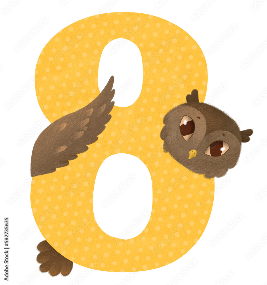 Number animal. Orange number 8 (eight) with cute owl head, wing and ...