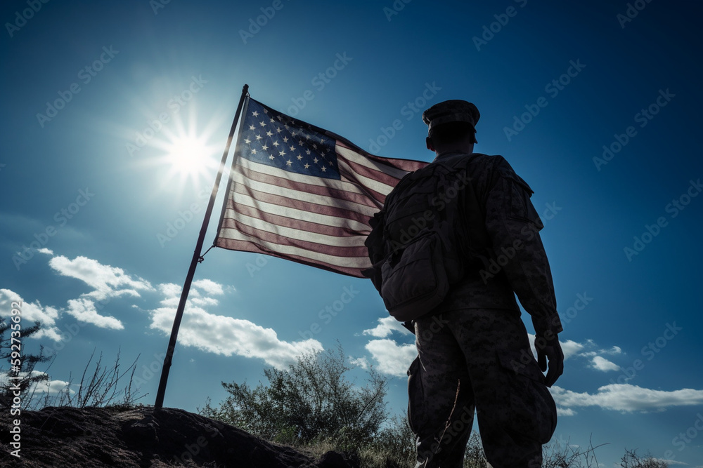 American flag waving proudly against a clear blue sky, with a ...