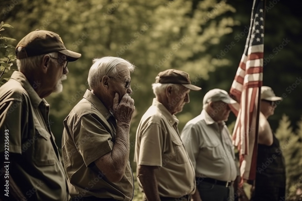 Group of veterans of different generations gathered around a flagpole ...