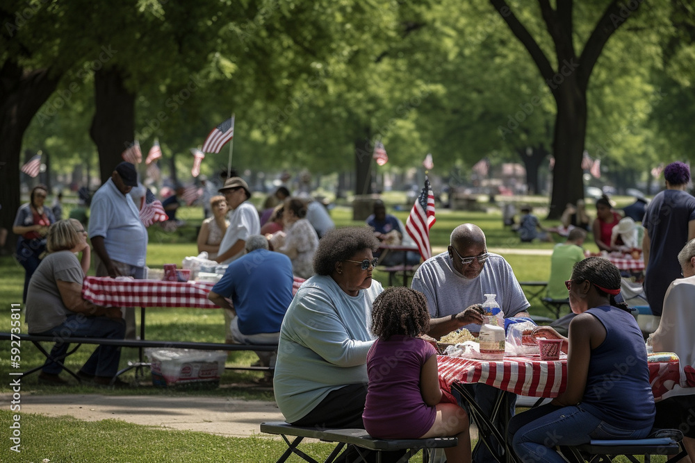 Families enjoying a Memorial Day picnic in a park, with flags flying in ...