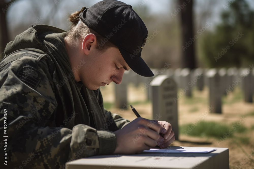 A military service member writing a letter to a fallen comrade ...