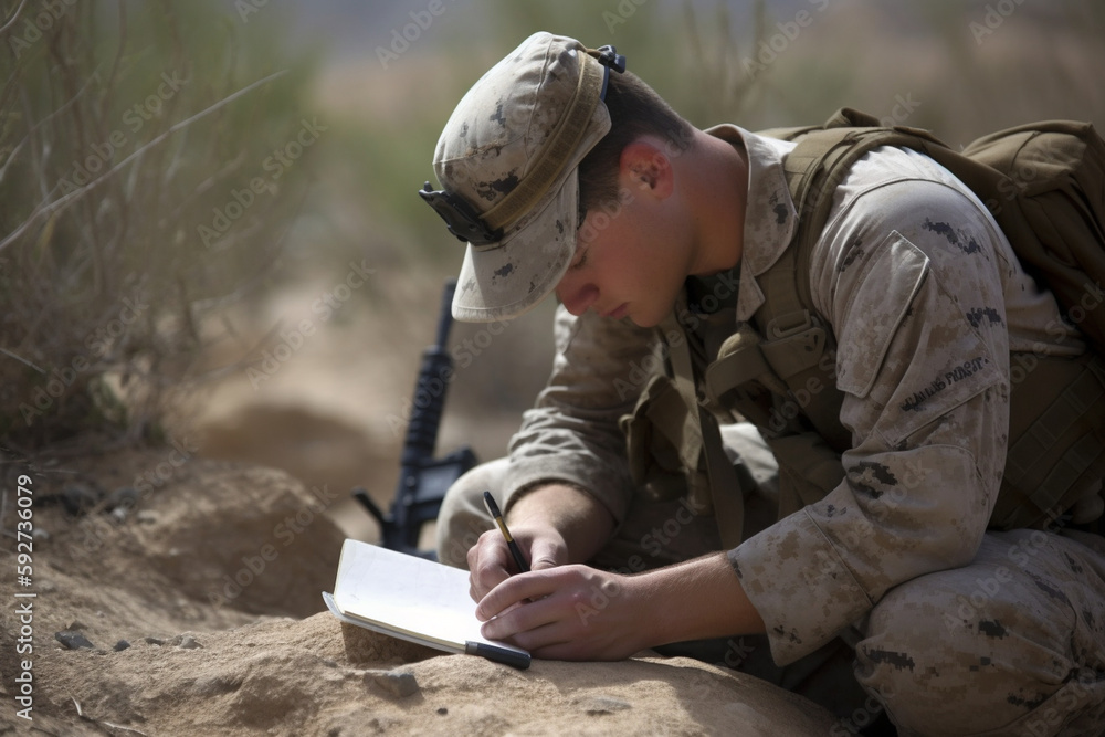 A military service member writing a letter to a fallen comrade ...