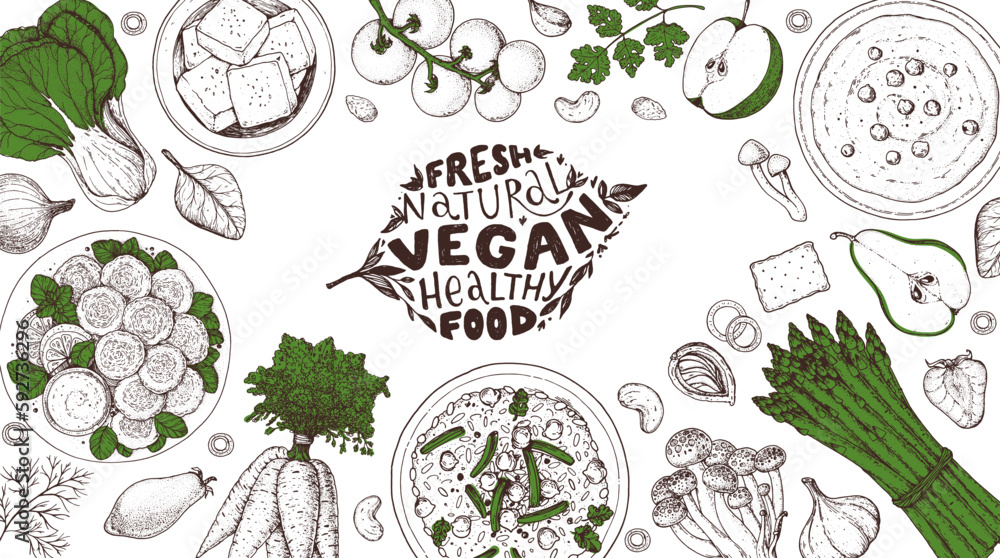 Vegan food frame. Hand drawn vector illustration. Menu design template ...