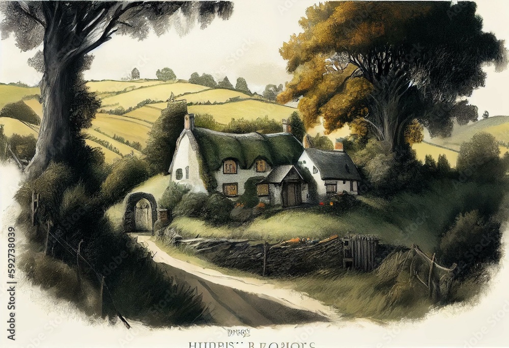 the shire / hobbiton - green hills with trees and hobbit house ...