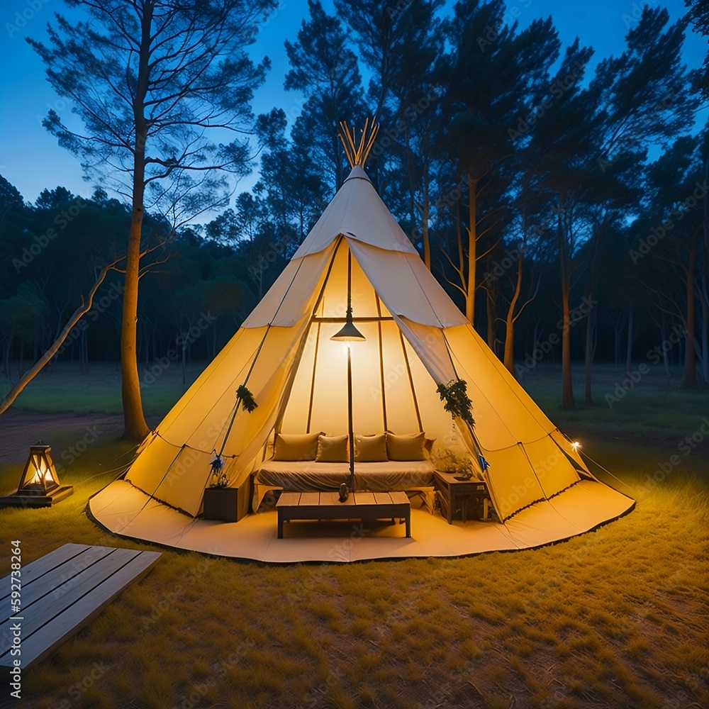 A romantic tipi with a soft queen-size bed, a wood-burning stove, and a ...