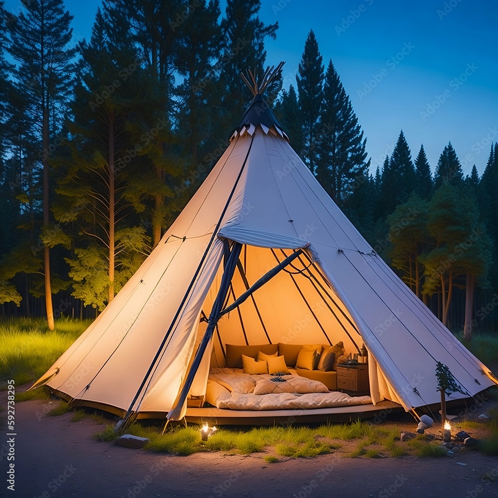 A romantic tipi with a soft queen-size bed, a wood-burning stove, and a ...