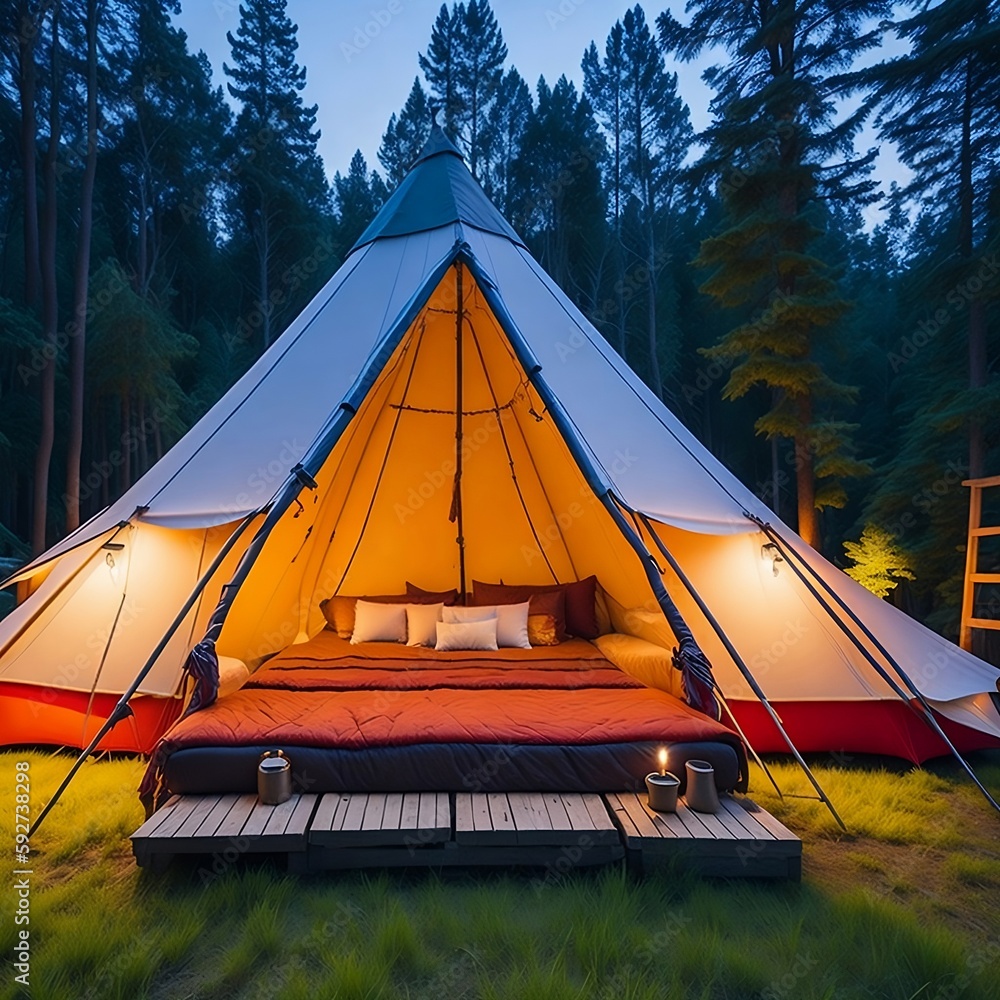 A romantic tipi with a soft queen-size bed, a wood-burning stove, and a ...