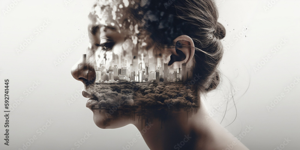 double exposure photography portrait of a young woman and the ...