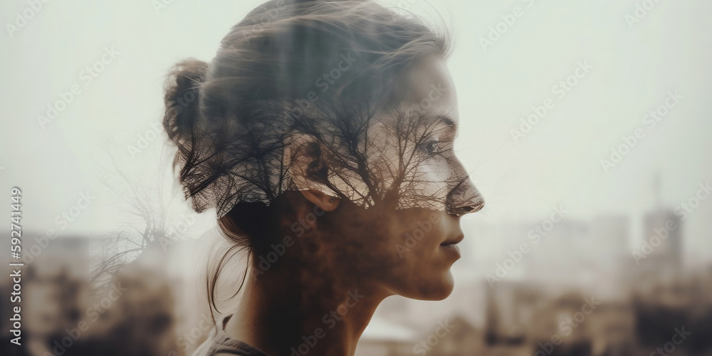 double exposure photography portrait of a young woman and the ...