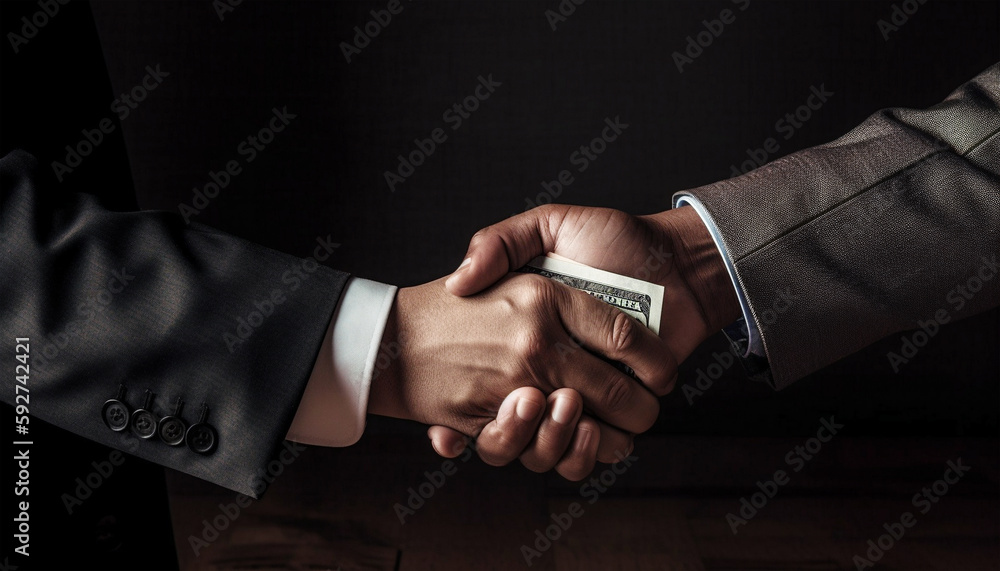A handshake with a banknote sticking out of it. Bribery, corruption ...