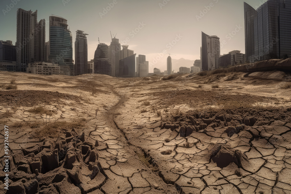 cracked ground in the city as clima crisis theme created with ...