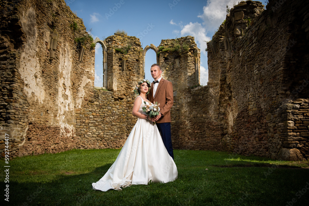Lovely couple in a suit and a wedding dress poses for camera next to ...