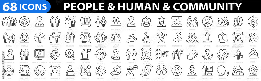 People & Community 68 icon set. Human icon set. People, social ...
