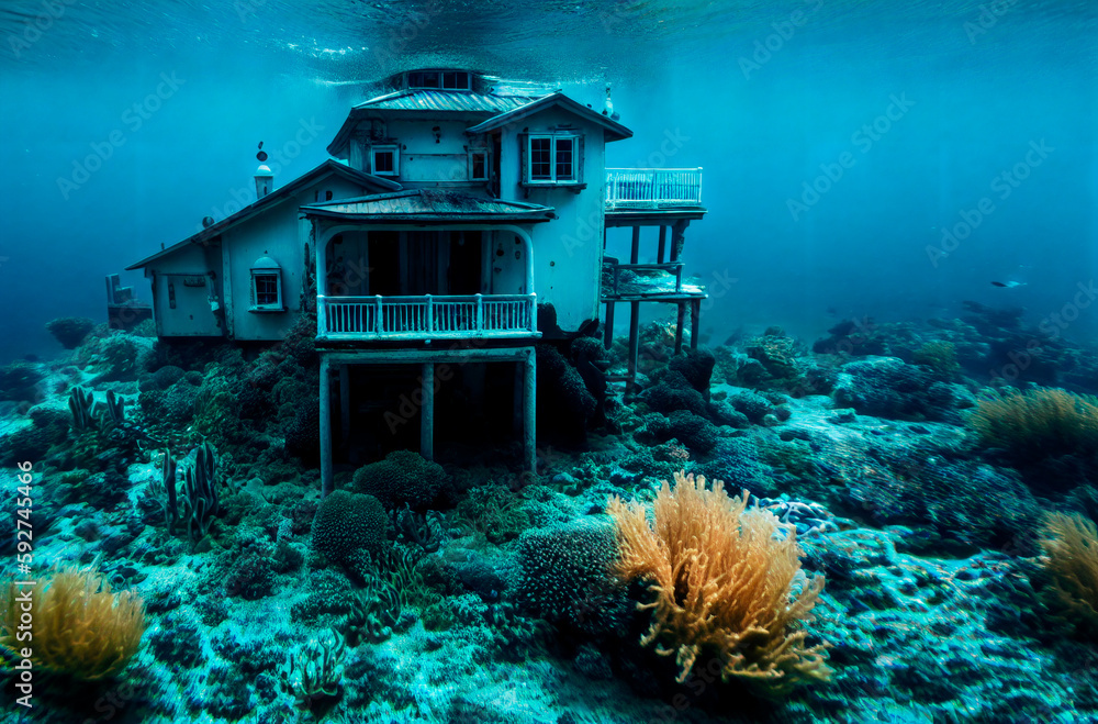 Sunken house under water. Abandoned building at bottom of ocean, sea ...