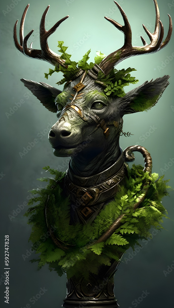 Cernunnos the horned god of wild things, the hero of the gods, in the style of realistic hyper ...