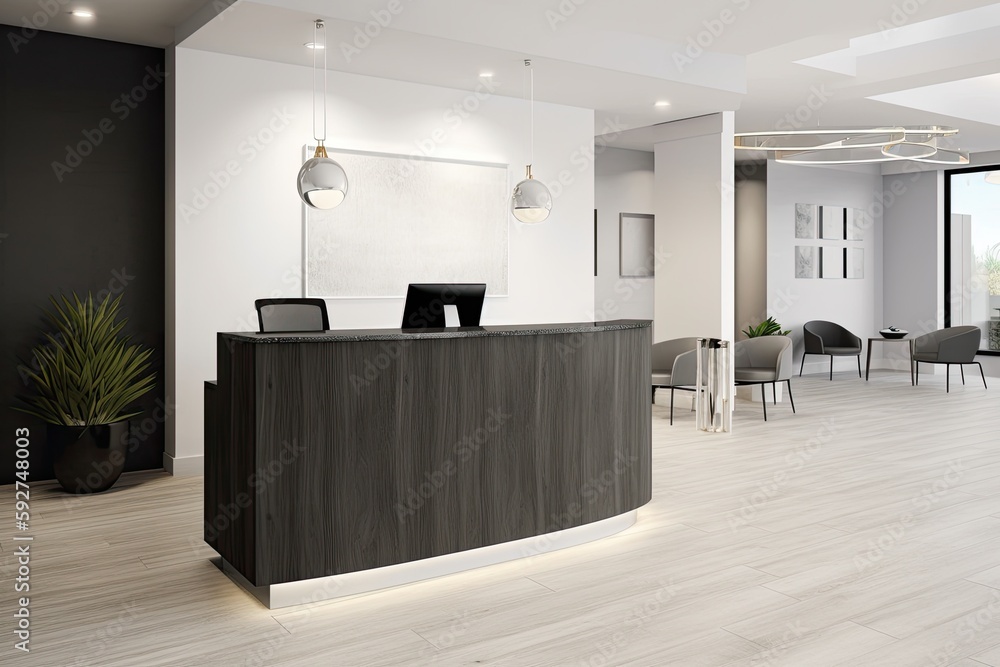 professional reception area with a sleek desk, modern seating, and a ...