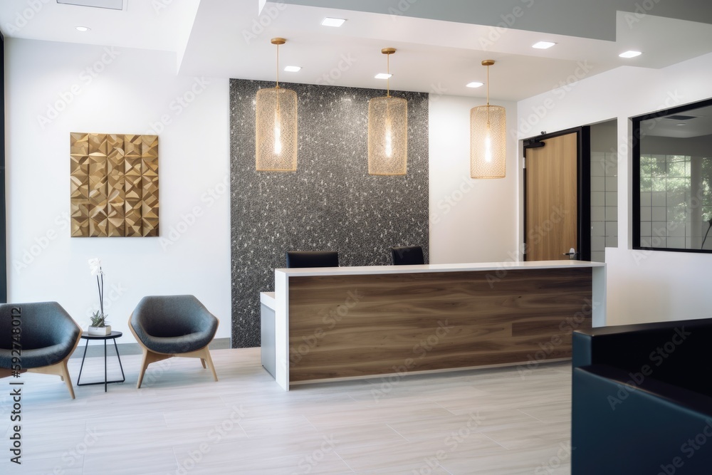 professional reception area with a sleek desk, modern seating, and a ...