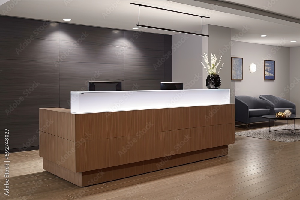 professional reception area with a sleek desk, modern seating, and a ...