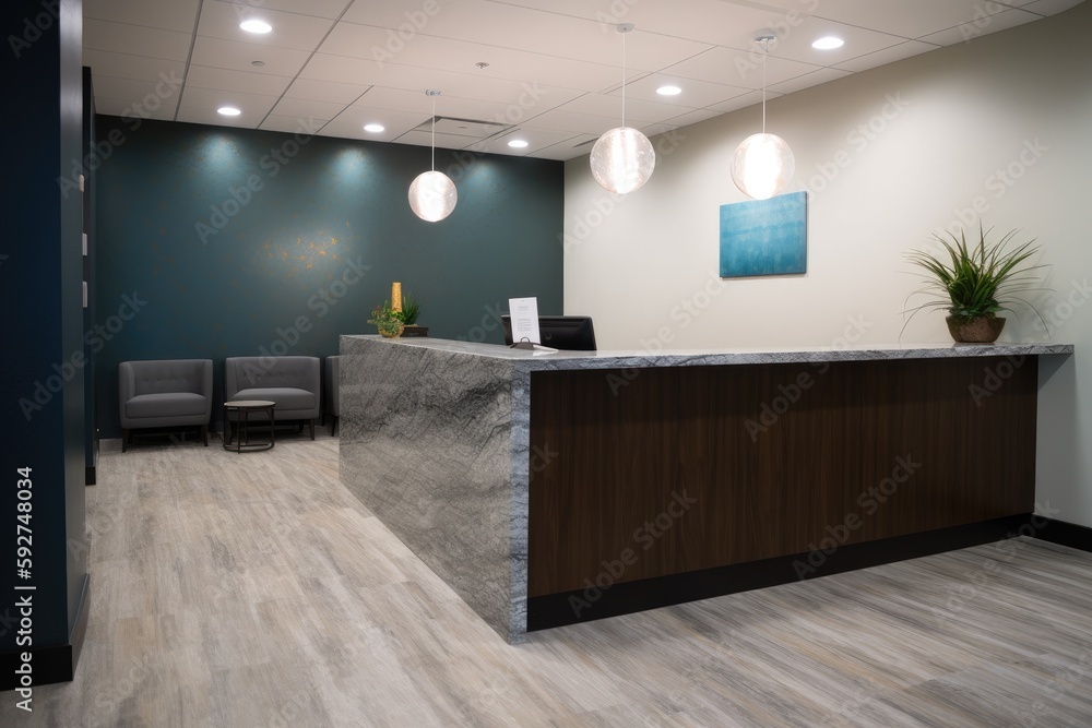 professional reception area with a sleek desk, modern seating, and a ...