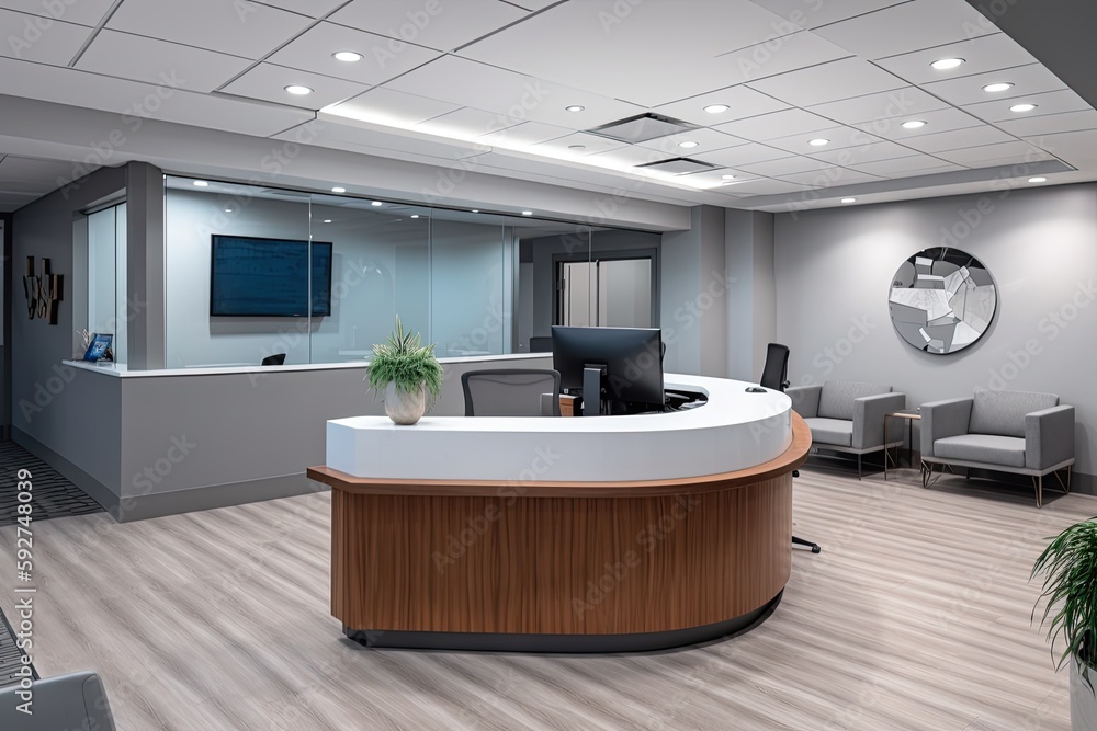professional reception area with a sleek desk, modern seating, and a ...